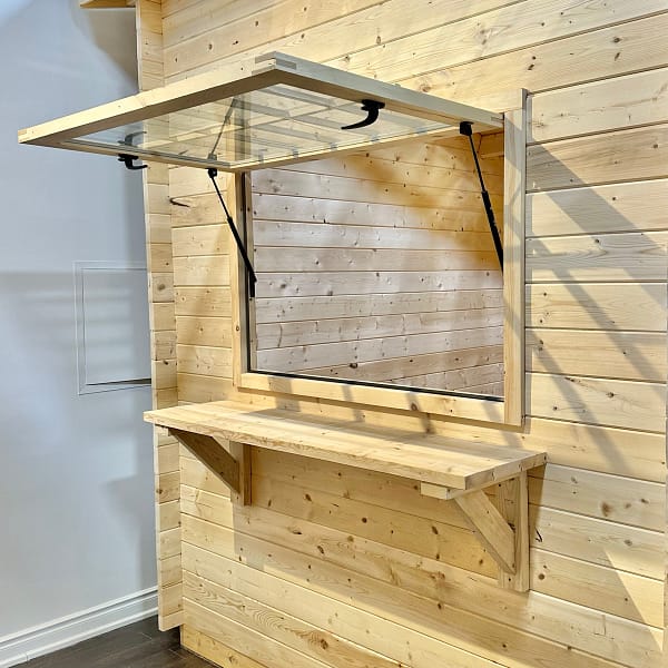 The Flip-Up Pass Thru Window™ Upgrade - Sawmill Structures™